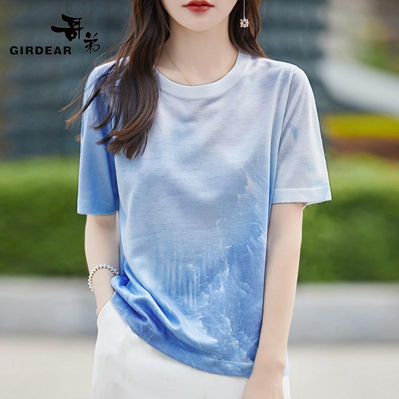 レディース 夏用 半袖 Tシャツ グラデーション柄 ラウンドネック フィット 接触冷感 薄手 　素材 トップス 吸湿速乾 軽量 涼しい 普段使い・・シルエット: ストレート・袖丈: 短袖・ネックライン: クルーネック・サイズ展開: S.M....