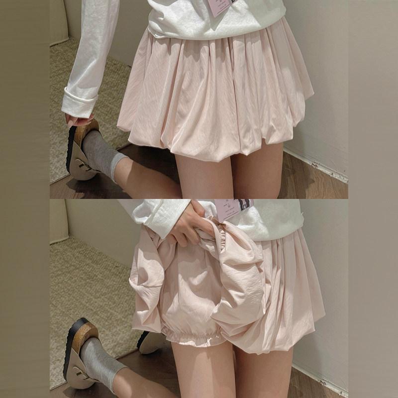 スカート レディース ピンク 花苞柄 夏用 ミニ Aライン ランタン型 透け防止 ふわふわ フレア 小柄対応 軽量 伸縮性 普段使い かわいい ビッグシルエット・韓国・主な素材: ポリエステル95%.ポリウレタン5%・生地加工: 立体裁断・...