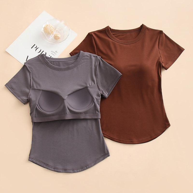 Tシャツ レディース 短袖 夏用 胸パッド内蔵 薄手 修身 インナーブラ一体 ヨガ スポーツ ウェア 吸湿速乾 伸縮性 フィット感・スタイル: シンプル・: 一体型・生地: 平紋布・柄: 無地・主な素材: ビスコース68%.綿24%.スパン...