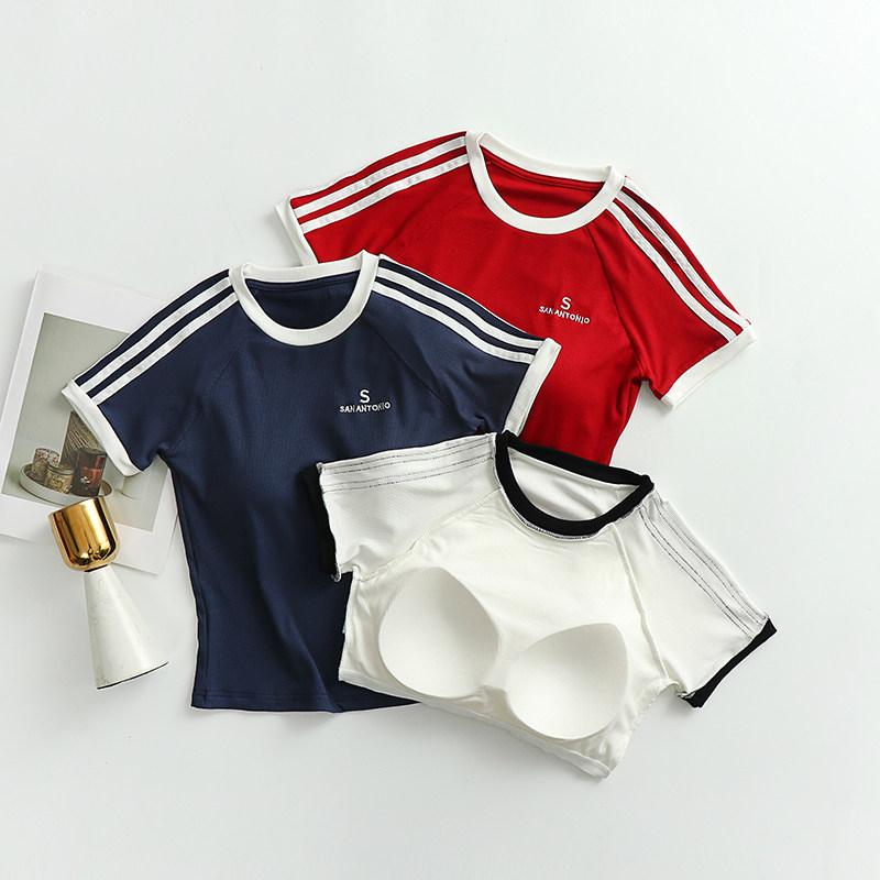 レディース 半袖Tシャツ 春夏 ストライプ 胸パッド内蔵 ブラ不要 スリムフィット 修身シルエット 性 肩正位置 トップス 普段使い 軽量 伸縮性・スタイル: シンプル・: 一体型・主な素材: 再生セルロース繊維92%.ポリウレタン弾性繊維...