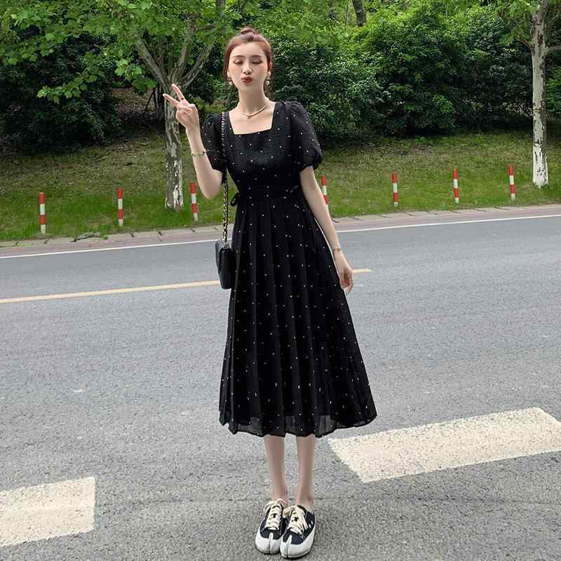 レディース ワンピース 黒 水玉 フランス風 スクエアネック プリーツ 高級感 スリムライン 小柄向け 夏用 カジュアル 軽量 通勤 普段使い・・: スプライス.ジッパー.プリント.プリーツ.パフスリーブ.テクスチャー・ウエスト: ハイウエ...