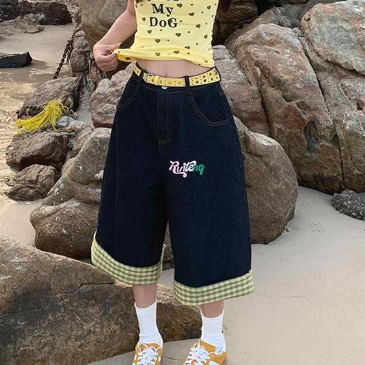 デニム ショートパンツ メンズ レディース レトロ チェック柄 切り替え ワイドレッグ 夏用 細見え ゆったり シルエット カジュアル ストリート 普段使い デニム生地 膝上丈 合わせやすい・スタイル: ワイドパンツ・シルエット: ・丈: ...