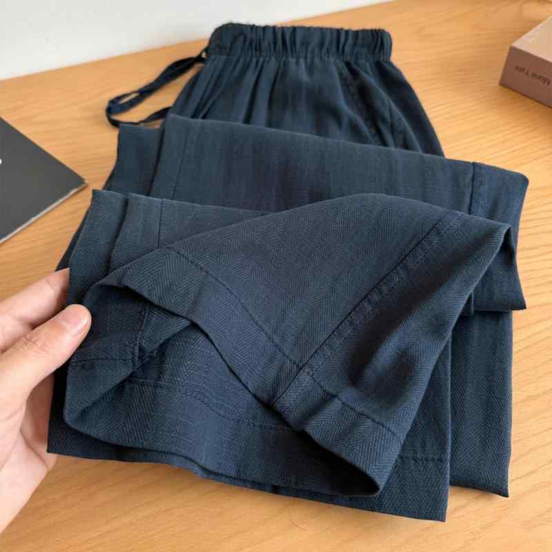 レディース ワイドパンツ 紺色 リネン混 ビッグサイズ 夏用 薄手 ぽっちゃり対応 スリム見せ ラフスタイル 接触冷感 カジュアル 普段使い 軽量 伸縮性 吸湿速乾・スタイル: ベーシック・パンツ型: ストレートパンツ.ワイドレッグパンツ・...
