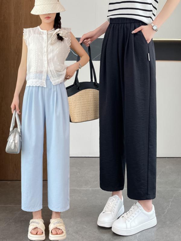 レディース 夏 接触冷感 ワイドパンツ 薄手 ゆったり ハイウエスト 9分丈 ストレート スリムシルエット カジュアル 日常使い 軽量 吸湿速乾・スタイル: ストリート・パンツ形状: ストレート・ディテール: ポケット・ウエスト: ゴム・腰...