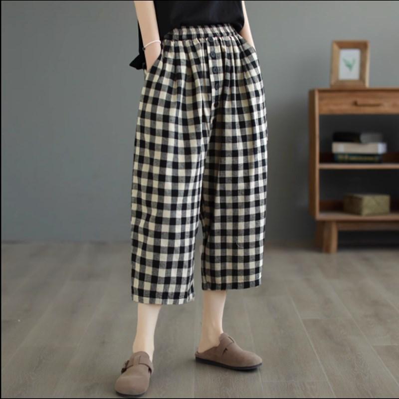 レディース レトロ ハイウエスト チェック柄 ストレート 七分パンツ 伸縮ウエスト 細見え シンプル カジュアル 夏用 普段使い 軽量 吸湿速乾・カテゴリ: パンツ・.復古・シルエット: ・詳細: ポケット・ウエスト位置: 中腰・丈: 7分...