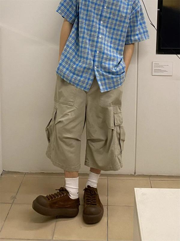 七分丈パンツ ユニセックス 夏用 アメリカン レトロ 大型ポケット ゆったり ワイドレッグ ワーク カジュアル 機能性 ボトムス 普段使い 軽量 吸湿速乾・カテゴリ: カジュアルパンツ・シルエット: ゆったり・ディテール: ポケット・加工:...