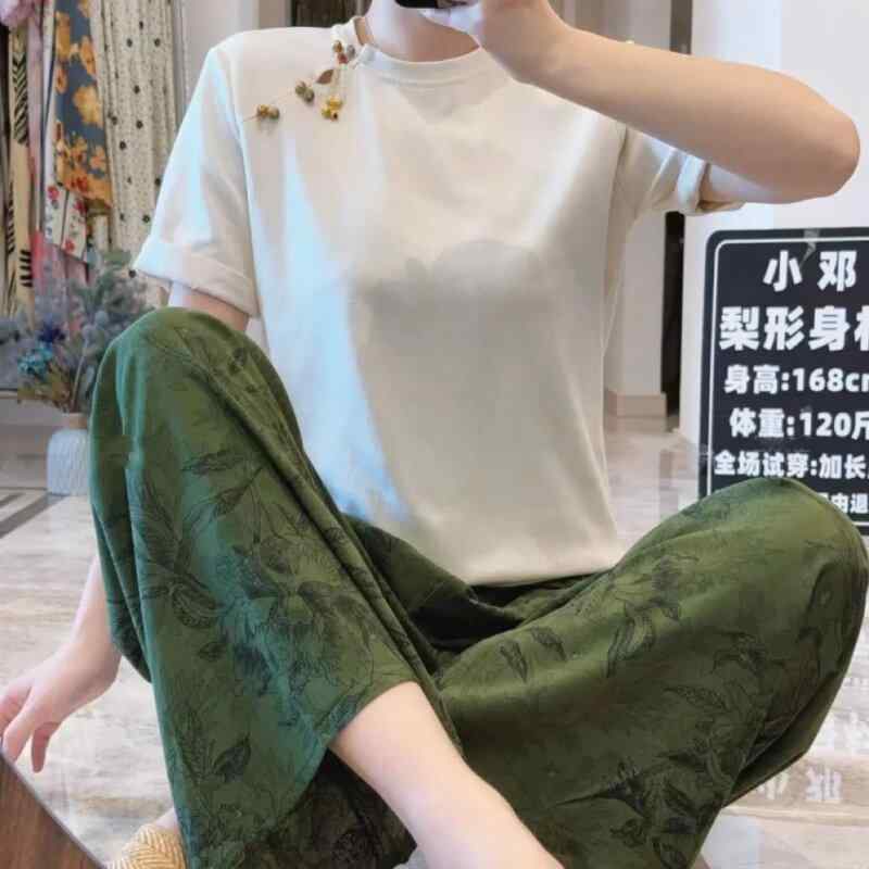 パンツ レディース 薄手 ワイドレッグ コットン　 再生繊維 部屋着 普段使い 軽量 伸縮性 大きめ サイズ・スタイル: シンプル.汎用・柄: プリント・ウエスト位置: ミドル・丈: 九分丈・サイズ展開: 92cm.98cm.108cm・主...