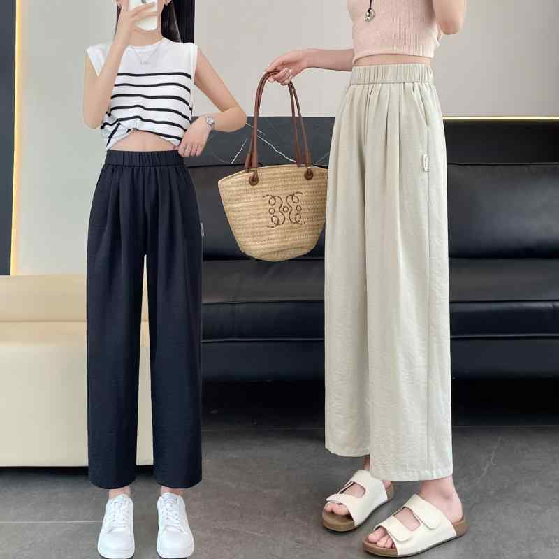 レディース ワイドレッグパンツ ゆったり 夏用 薄手 軽量 カジュアル ハイウエスト ストレート 落ち感 通気性 吸湿速乾 接触冷感 カプリ丈 UVカット・スタイル: ストリート・要素: シンプル・パンツ型: ストレートワイドレッグ・スタイ...