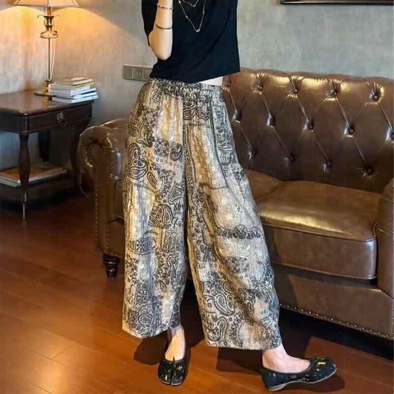 レディース ワイドパンツ 夏用 接触冷感 綿麻素材 花柄プリント ハイウエスト フィット ストレートシルエット ドレープ感 薄手 伸縮性 スリム効果 カジュアル 普段使い 軽量 通気性・カテゴリ: パンツ・・服型: ゆったり型・詳細: ポケ...
