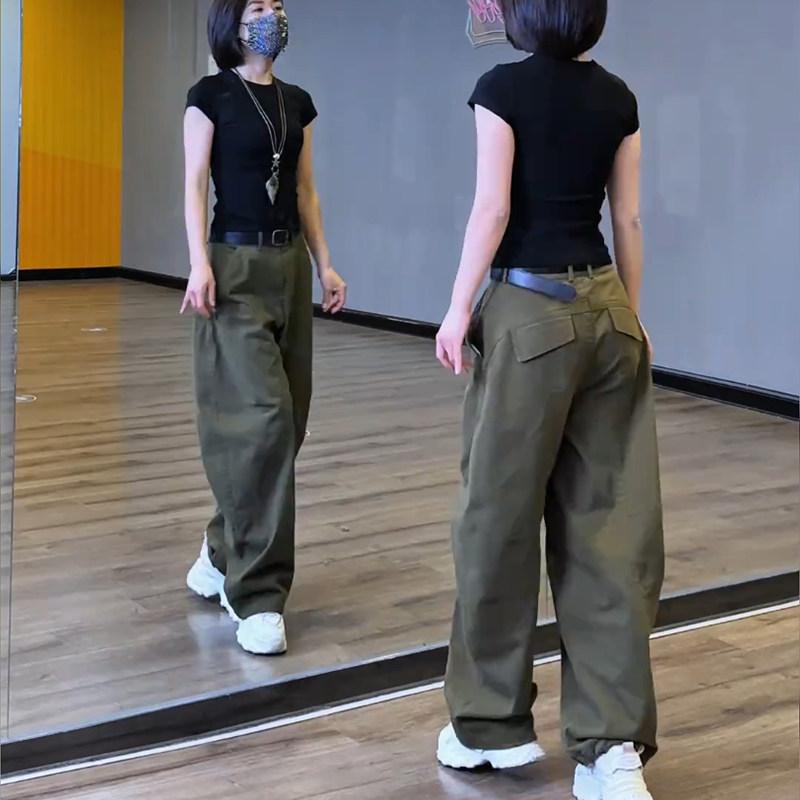レディース パンツ 夏用 薄手 フィット ワイドレッグ ストレート ダークグリーン レトロ ワーク カジュアル 大きめサイズ ぽっちゃり対応 小柄向け 普段使い 軽量 通勤可・韓版・パンツ形状: ワイドレッグカーゴパンツ・前開き: ジッパー...