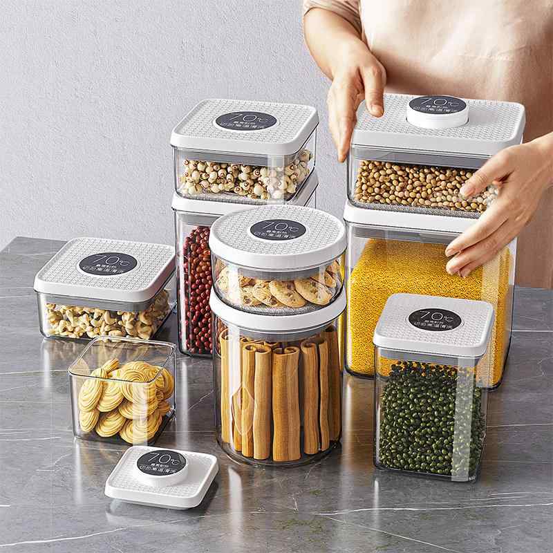 収納容器 プッシュ式 密封 プラスチック 食品用 穀物 乾燥食品 お菓子 保存 キッチン ボックス 耐久性 透明 蓋付き・スタイル: 現代簡約・形状: 方形・機能: 密封・素材: プラスチック・適用対象: 穀物・適用シーン: 家庭用・容量:...