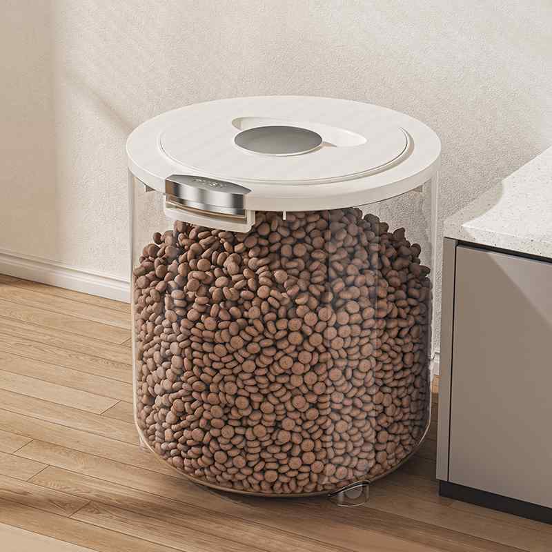 ペットフード 収納ボックス 密封容器 防潮 保存缶 家用 猫用 犬用 おやつ 穀物 フリーズドライ 食品ストッカー プラスチック製 省スペース 耐久性・カラー展開: パール白.豆蔻緑.宝石緑・容量: 10L.20L.30L・付属品: 量杯