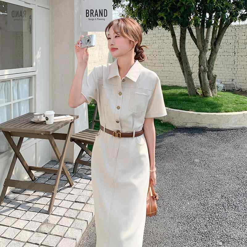 レディース ワンピース ベージュ ワークシャツ風 夏用 高級感 シンプル 上品 ロングドレス スリム ウエストシェイプ 軽量 コットン素材 通勤 カジュアル・風・要素: ベルト.ステッチ・ウエスト位置: ナチュラル・素材: 水洗綿・袖丈: ...
