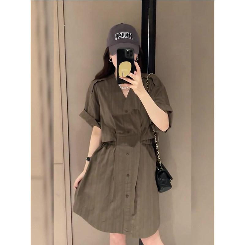 ワンピース レディース 夏 薄手 ゆったり ビッグサイズ ぽっちゃり対応 スリム効果 お腹カバー フレンチスタイル 小柄向け ワーク風 質感素材 軽量 伸縮性 コットン混 ワイドシルエット 普段使い・・ウエスト位置: 中高腰・袖丈: 短袖・...