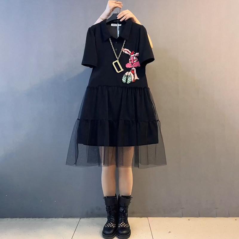 ワンピース レディース 夏 大きめサイズ ポロ襟 かわいい イラスト柄 レース 切り替え フェイク ツーピース 中長丈 カジュアル ドレス 通気性 軽量 日常使い・サイズ展開: 2XL.3XL.4XL.5XL.6XL・柄: カートゥーンアニ...