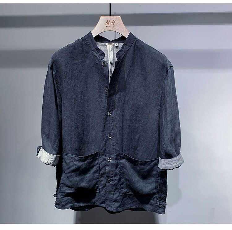 メンズ レトロ 七分袖 麻 シャツ 夏 ゆったり スタンドカラー シンプル 無地 カジュアル トップス 吸湿速乾 軽量 普段使い コーディネート・シルエット: 標準・スタイル: 青春・対象: 若者・シーン: カジュアル・素材機能: 通気性・...