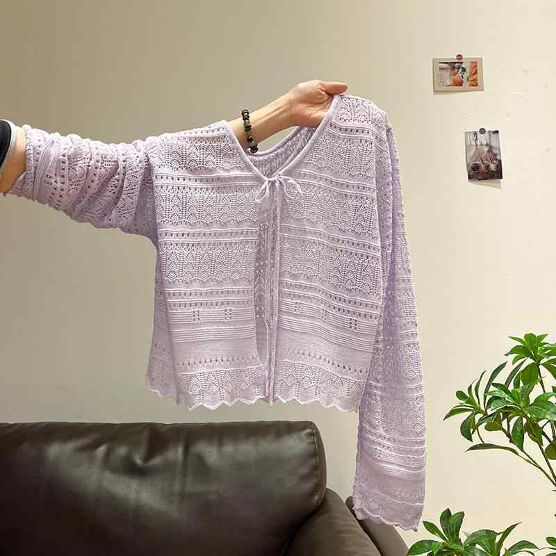 レディース UVカット ニット カーディガン 紫 レース ゆったり 細見え 紐 夏用 アウター トップス 軽量 吸湿速乾 通勤 普段使い・・シルエット: ・ディテール: 透け.紐・袖丈: 長袖・ネックライン: ラウンドネック・着丈: ショー...