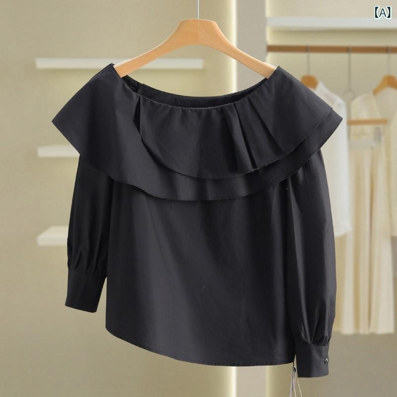 レディース シャツ ゆったり フィット アシンメトリー スカラップ ヘム プルオーバー ホワイト 春 カジュアル トップス 普段使い・・シルエット: ストレート・袖の形状: 普通・主な素材: 綿100%・袖丈: 長袖・ネックライン: 斜め領...