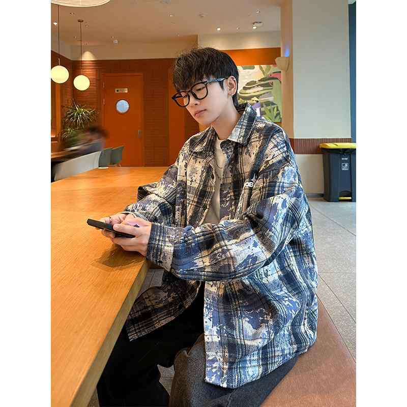 メンズ 長袖シャツ レトロ チェック柄 春秋 ゆったり カジュアル ストリート トップス アウトドア 普段使い コットン混 ビッグシルエット ブラック系 グレー系・シルエット: ゆったり・加工: タイダイ・スタイル: ストリート・袖型: シ...