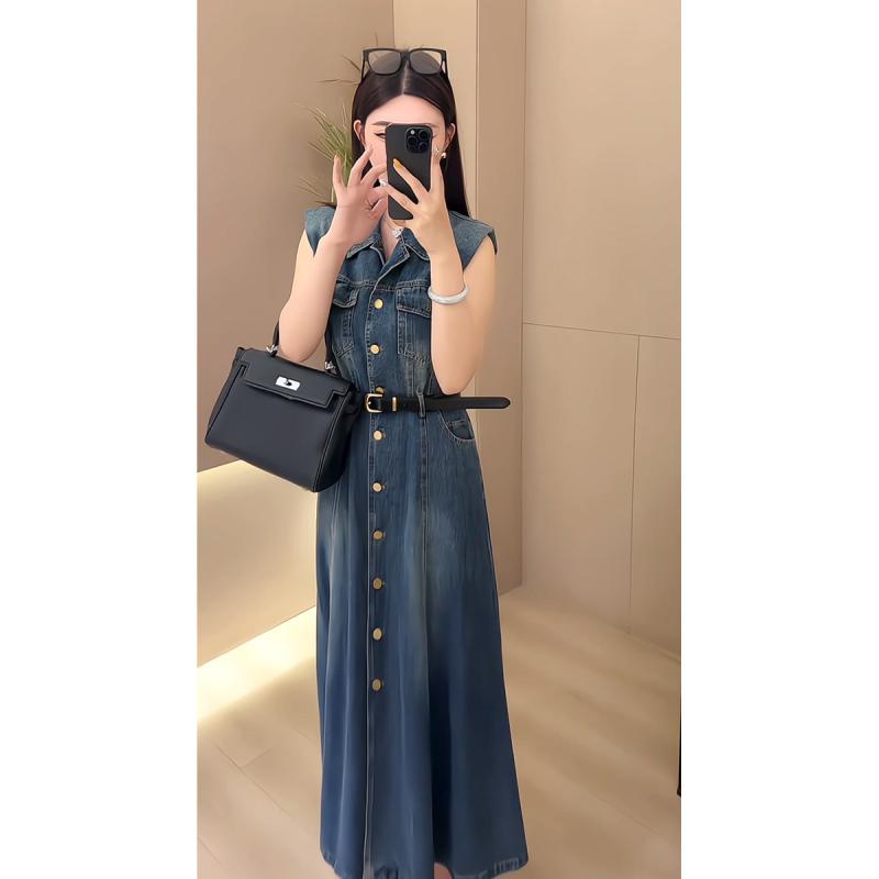 レディース ワンピース 夏 無袖 レトロ カラー シングルボタン ロング丈 カジュアル 普段使い 涼しい ゆったりシルエット