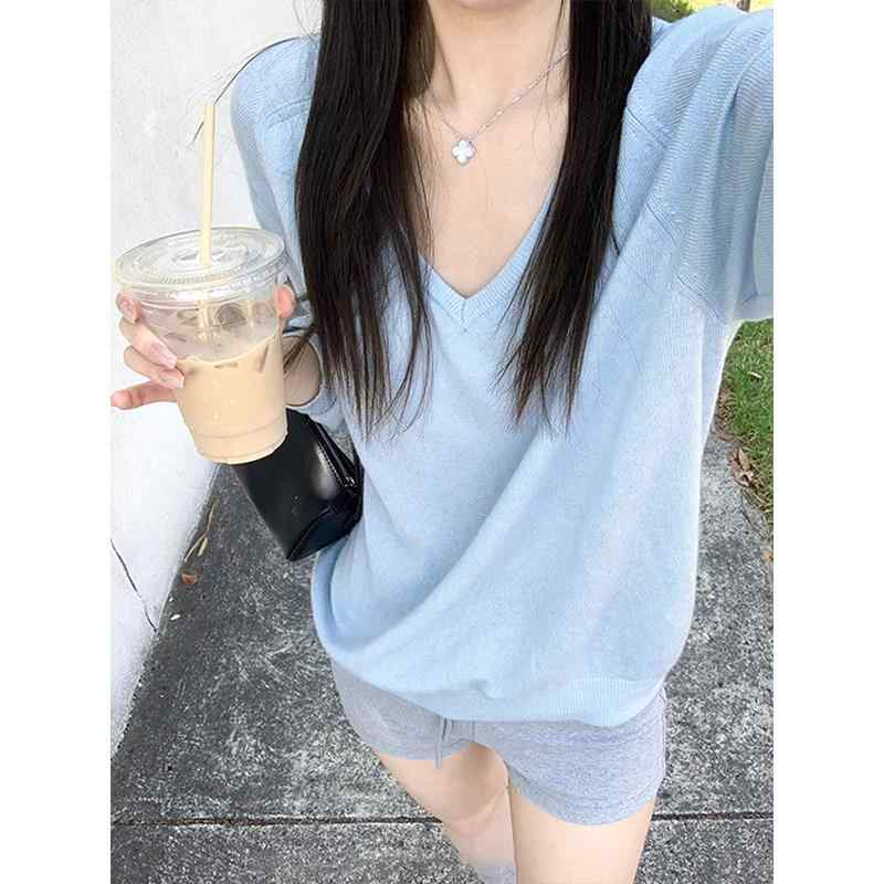 レディース Vネック 長袖 ニット トップス UVカット 接触冷感 薄手 ゆったり 夏用 外出着 リラックススタイル 吸湿速乾 軽量 綿混 ブラウス・・シルエット: ゆったり・袖型: 通常・: プルオーバー・対象年齢: 20-50歳・セット...
