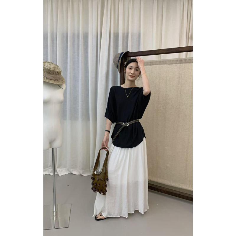 レディース コウモリ袖 接触冷感 ニットトップス 夏用 ゆったり シンプル カジュアル プルオーバー 丸首 吸湿速乾 軽量 日常使い・主な素材: アイス　・カラー展開: 杏色.カーキ色.ブラック.ダークグレー・サイズ展開: 均