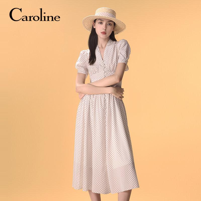 レディース 夏 ワンピース レトロ ドット柄 ウエストイン 膝丈 コットン混 軽量 かわいい シルエット・スタイル: 甘美・柄: ポルカドット・袖丈: 短袖・スカート型: X型・対象年齢: 25-29歳・・スカート丈: ミディアム・ネックラ...