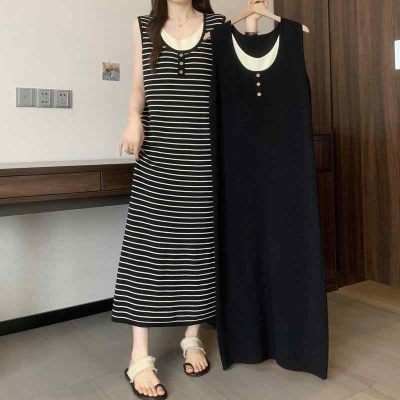 ワンピース レディース 夏 ノースリーブ ロングドレス コントラストカラー フェイクツーピース ゆったりシルエット スリム効果 性 カジュアル 日常使い ファッション・・要素: ボタン.接ぎ・ウエスト位置: ハイウエスト・袖丈: 無袖・スカ...