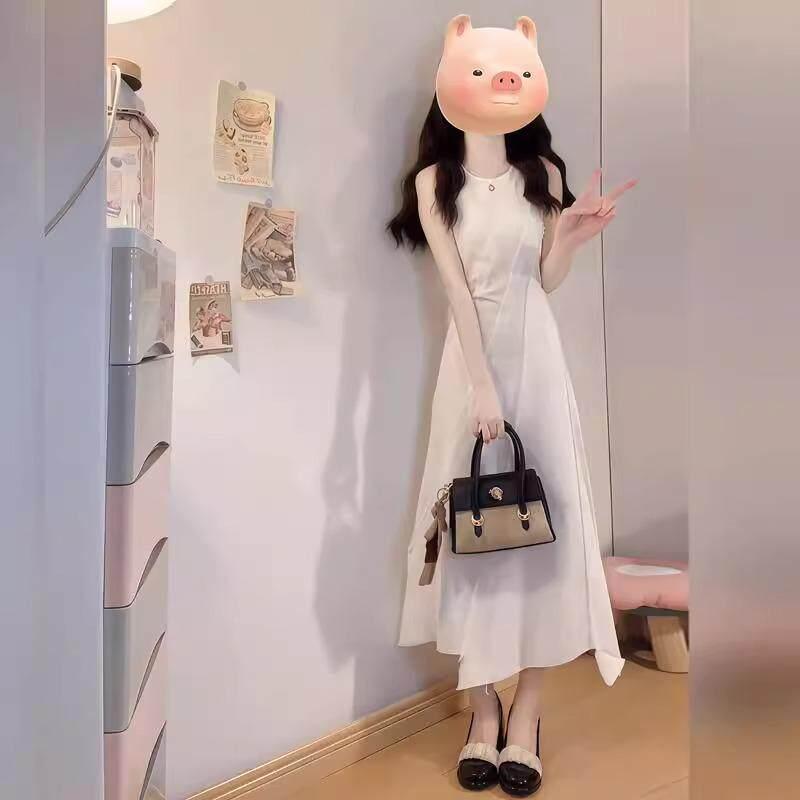 ワンピース レディース 春夏 白 無袖 高級感 収腰 プリーツ キャミソール スカート 軽量 伸縮性 吸湿速乾 コットン混 ハイウエスト Vネック ブラック ピンク系 アイボリー 通勤用 普段使い アウトドア・・要素: プリーツ・ウエスト位...
