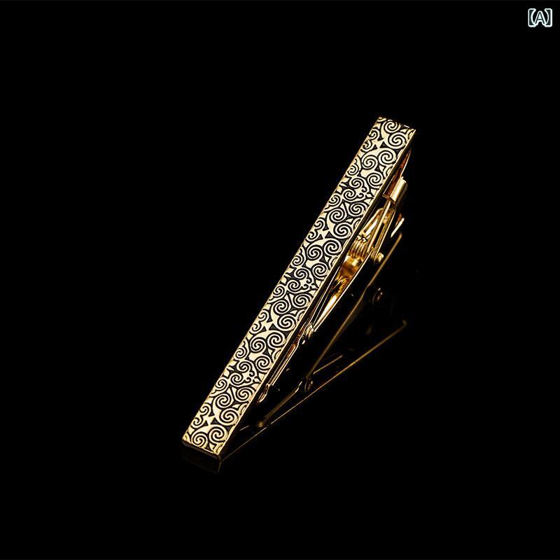 ネクタイクリップ メンズ タイピン ビジネス フォーマル 通勤 結婚式 高級感 シンプル 固定具 金属製 白 青 黒 カラー・カラー: 金色・柄: 吉祥花紋・種類: ネクタイクリップ