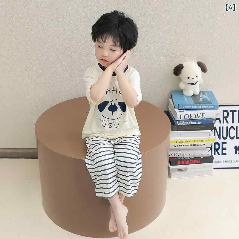 子供 男の子 夏 パジャマ 薄手 接触冷感 モダール生地 ストライプ パンツ セット ルームウェア 部屋着 冷房服 吸湿速乾 軽量 ベビー対応・スタイル: 卡通・スタイル詳細: プリント・パンツ丈: 9分丈・素材: モダール・厚み: 薄手・...