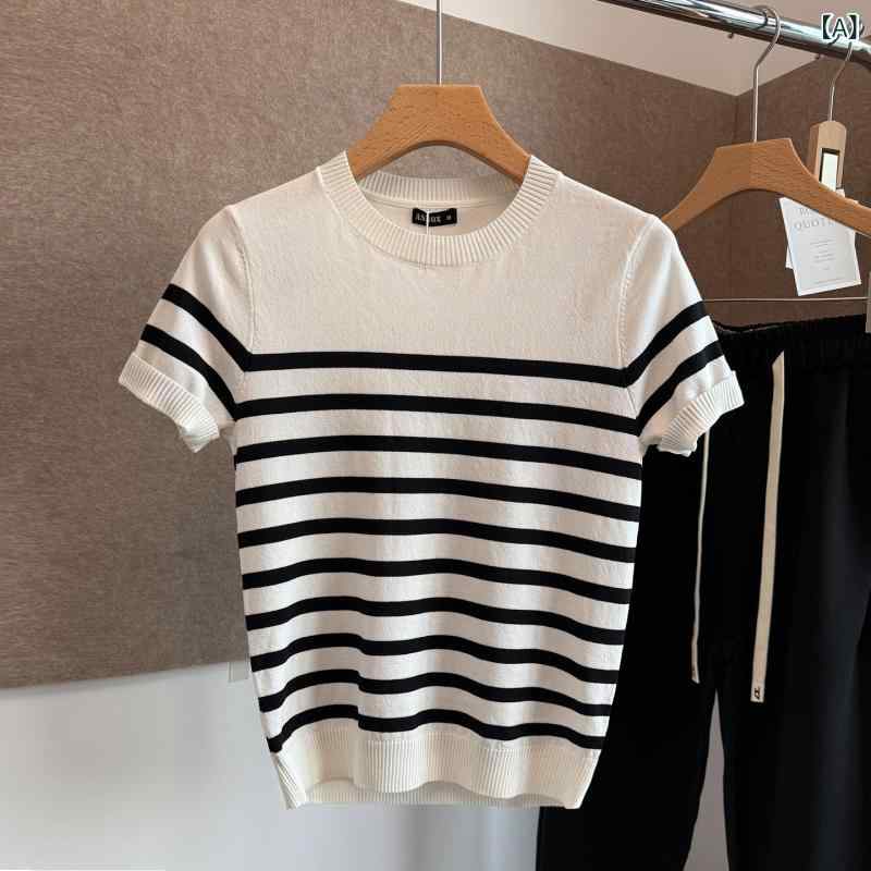 メンズ 半袖 ニットTシャツ 接触冷感 薄手 ストライプ 夏用 クルーネック インナー 吸湿速乾 軽量 コットン混 普段使い カジュアル・フィット: スリム・ディテール: ジャカード・スタイル: 都会的ファッション・対象: 若者・袖型: 通...