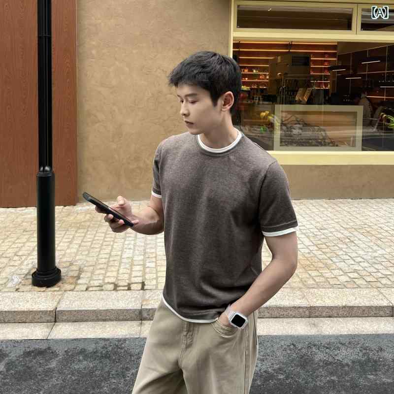 Tシャツ メンズ 夏用 ゆったり カジュアル ニット 接触冷感 短袖 白縁 フェイクライヤード 高級感 ストレートショルダー トップス 普段使い 軽量 吸湿速乾・シルエット: スリム・スタイル: 青春・袖の形状: 標準・対象: 若者・シーン...