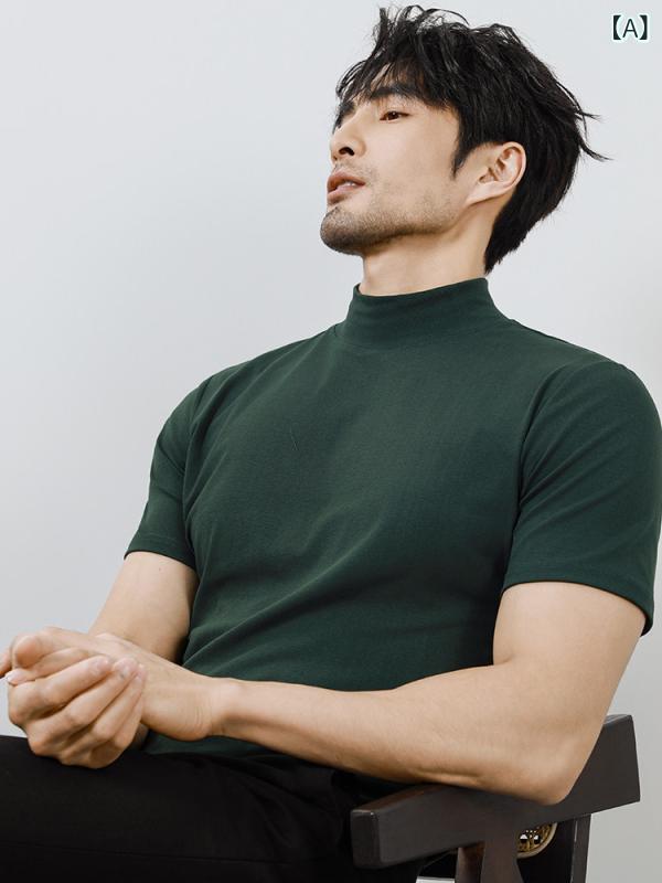 Tシャツ 男性用 春夏 伸縮性 綿 ハーフハイネック スリムフィット 短袖 ビジネス インナー トップス 通勤 普段使い 吸湿速乾 接触冷感 軽量 快適・スタイル: ビジネスカジュアル・フィット: スリム・主な素材: 綿95%.ポリウレタン...