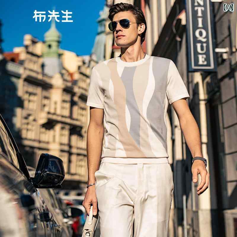 Tシャツ メンズ 夏 接触冷感 短袖 ニット クルーネック 幾何学プリント カジュアル トップス 吸湿速乾 軽量 伸縮性・スタイル: 青春・袖型: 通常・対象: 若者・柄: 抽象パターン・使用シーン: 日常・素材: ポリエステル53%.綿4...