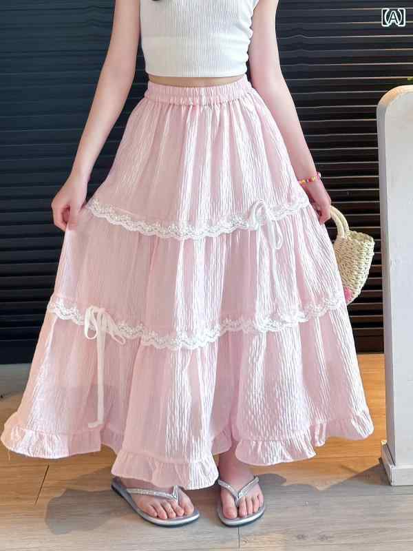スカート 女の子用 プリンセス風 ピンク ロング丈 夏 かわいい ガーリー フレア Aライン 軽量 コットン 日常使い 学校用・カテゴリ: スカート・スタイル: 韓国・スカート型: プリンセススカート・スカート丈: ロング・柄: 無地・カラ...