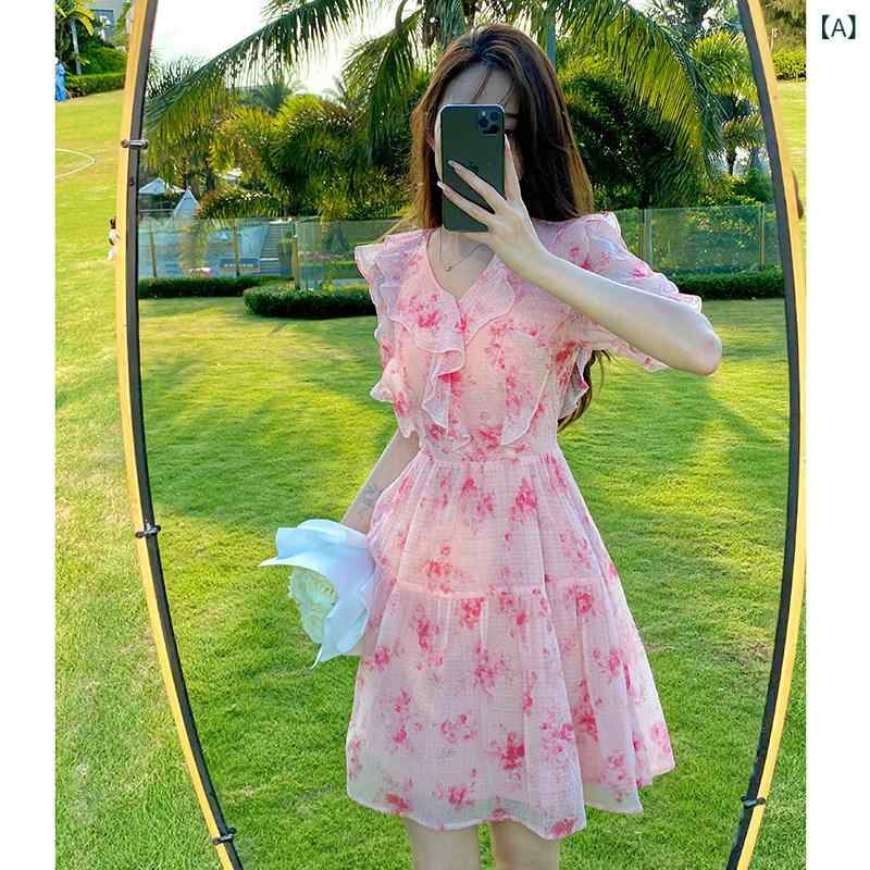 ワンピース レディース フラワープリント シフォン 夏用 スリムフィット フリル パフスリーブ Vネック ピンク かわいい 軽やか フェミニン 日常使い・サイズ展開: XS.S.M.L.XL・主な素材: ポリエステル95%.ポリウレタン5%...