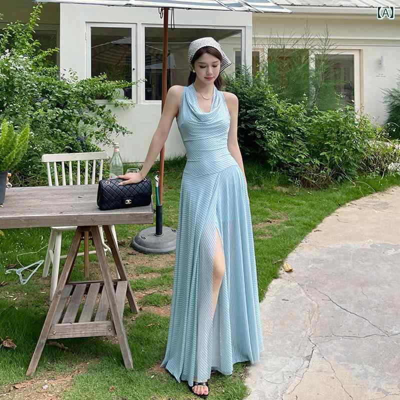 レディース ワンピース リゾート風 ブルー シフォン ロングドレス 夏用 2way フードネック 軽量 通気性 涼しい ビーチ バケーション スタイル・.簡約・ウエスト: 高腰・袖丈: 無袖・主な素材: ポリエステル95.6%.ポリウレタン...