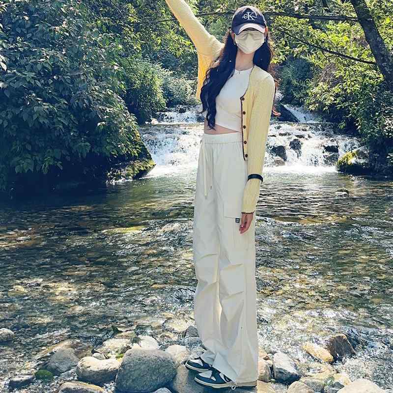 レディース 秋 ワイドレッグパンツ アウトドア 登山用 ワークパンツ 小柄対応 アメリカンスタイル ドレープ感 カジュアル ミリタリー 普段使い 軽量 伸縮性 吸湿速乾 再生繊維 ハイウエスト ブラック グレー・韓版・パンツ型: カーゴパン...