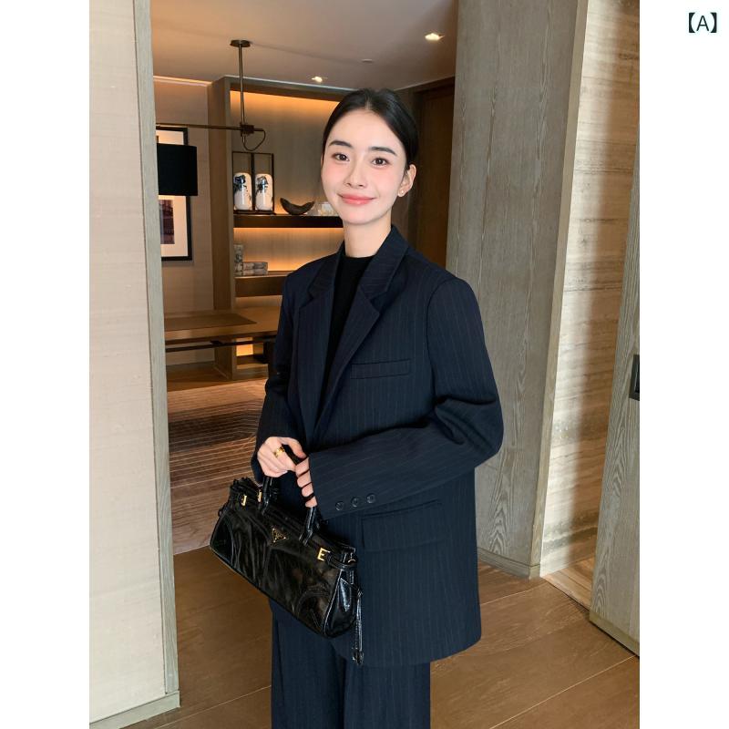 レディース ジャケット 紺色 ストライプ カジュアル ゆったり フィット 春秋 スーツスタイル ビジネス 普段使い・・袖の形状: ストレート・袖丈: 長袖・襟: 西装領・フロント: シングルブレスト・柄: ストライプ・サイズ展開: S.M....