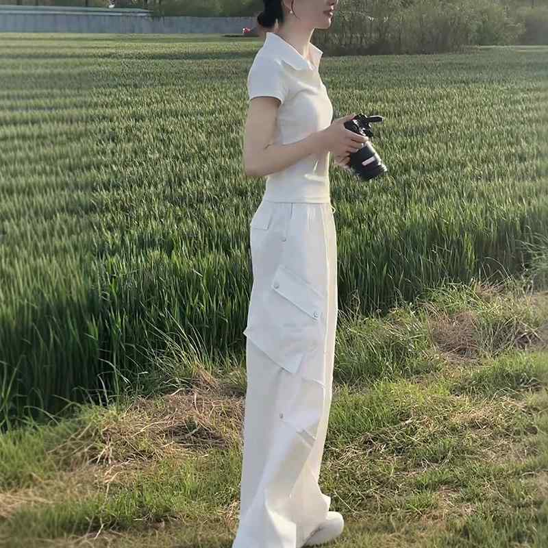レディース カーゴパンツ アメリカン レトロ ホワイト 接触冷感 薄手 フィット スリム効果 カジュアル 夏用 裾絞り ミリタリー スタイル バギー シルエット・韓版・ウエスト: 高腰・丈: ロングパンツ・体型対応: 直線型.砂時計型.梨型...