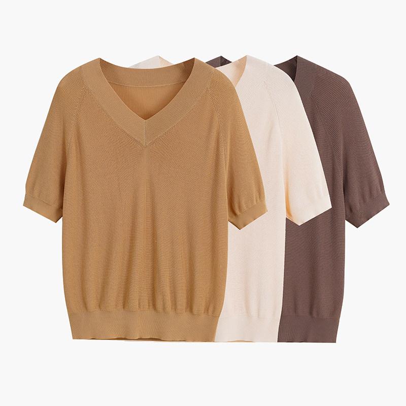 女性用 接触冷感 ニット Tシャツ 大Vネック 半袖 ゆったり 無地 UVカット 夏用 トップス 吸湿速乾 軽量 カジュアル・・袖丈: 短袖・ネックライン: Vネック・主な素材: アイス　・衣丈: 短め・柄: 無地・: プルオーバー・サイズ...
