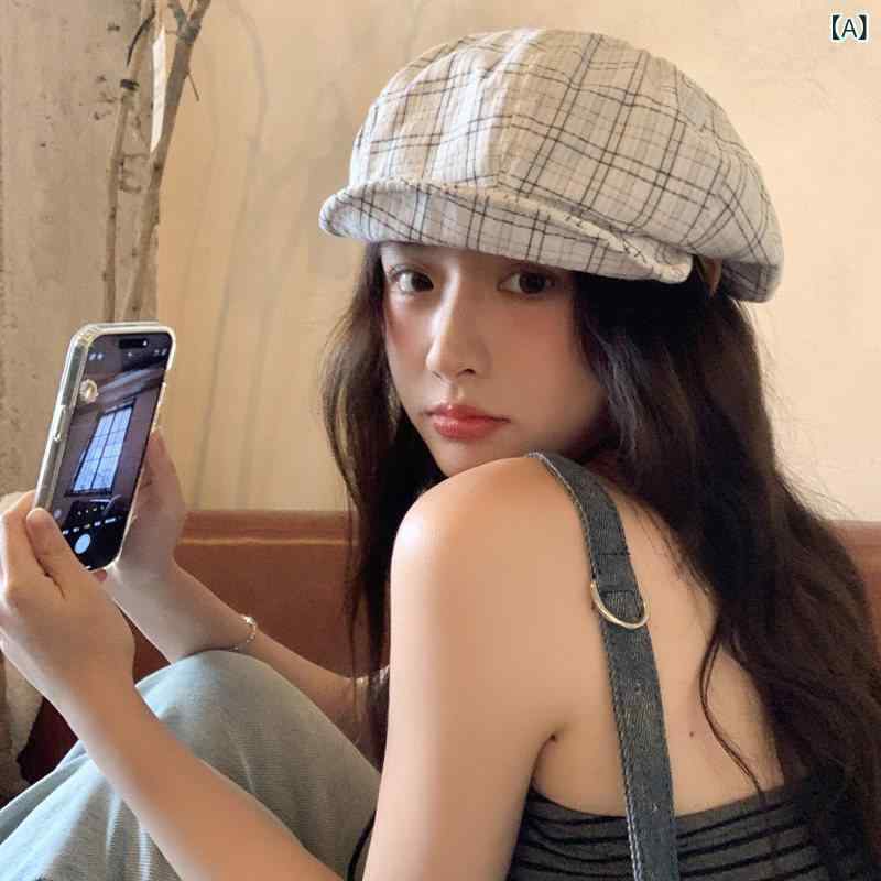 帽子 女性用 ベレー帽 格子柄 韓国 春 薄手 小顔効果 画家風 八角帽 キャップ 鴨嘴帽 アウトドア 普段使い 軽量 伸縮性 綿素材 ビッグシルエット ブラック ピンク系 アイボリー・カテゴリ: ベレー帽・スタイル: カジュアル・柄: チ...