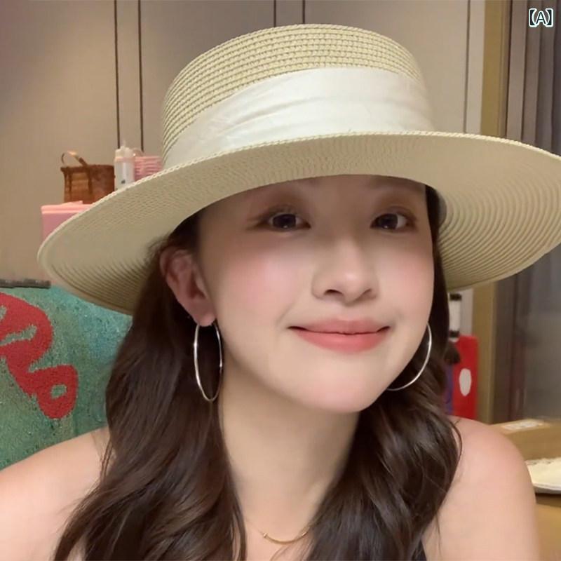 麦わら帽子 レディース 夏 UVカット 日よけ 海辺 リゾート エレガント フレンチスタイル フラットトップ 軽量 通気性 編み込み ビーチハット 女性用 遮陽 防紫外線・スタイル: カジュアル・種類: 草帽・帽頂: 平頂・帽檐: 広檐・主...