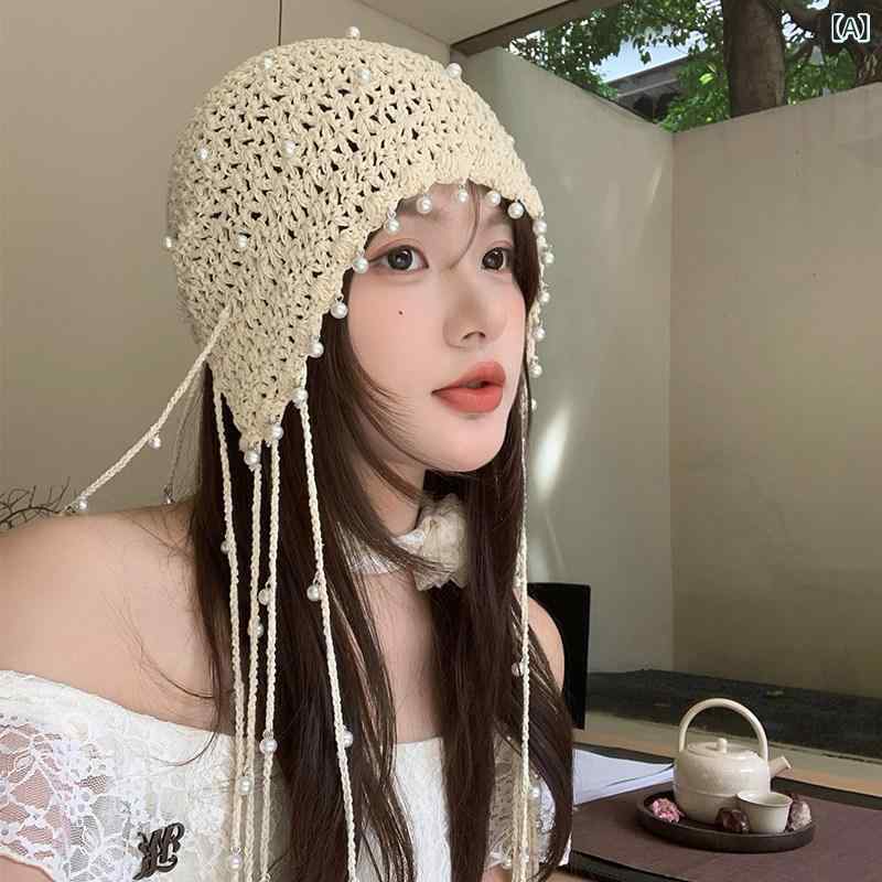 レディース ニット ヘッドバンド 民族風 レトロ パール ペンダント 透かし 編み込み ヘアアクセサリー かわいい 装飾 ビーズ 風合い 柔らか素材・スタイル: カジュアル・詳細: フリンジ・帽頂: 丸頂・対象: 女性・シーン: 街歩き・帽...