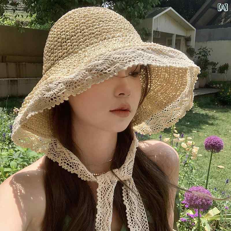 レディース 麦わら帽子 大つば 透かしレース 紐付き 草編み 漁夫帽 夏用 UVカット 日よけ 軽量 通気性 防暑 ビーチ 旅行 普段使い・スタイル: カジュアル・詳細: レース・帽頂: 丸頂・帽檐: 大檐・檐形: 巻き縁・対象: 女性・シ...