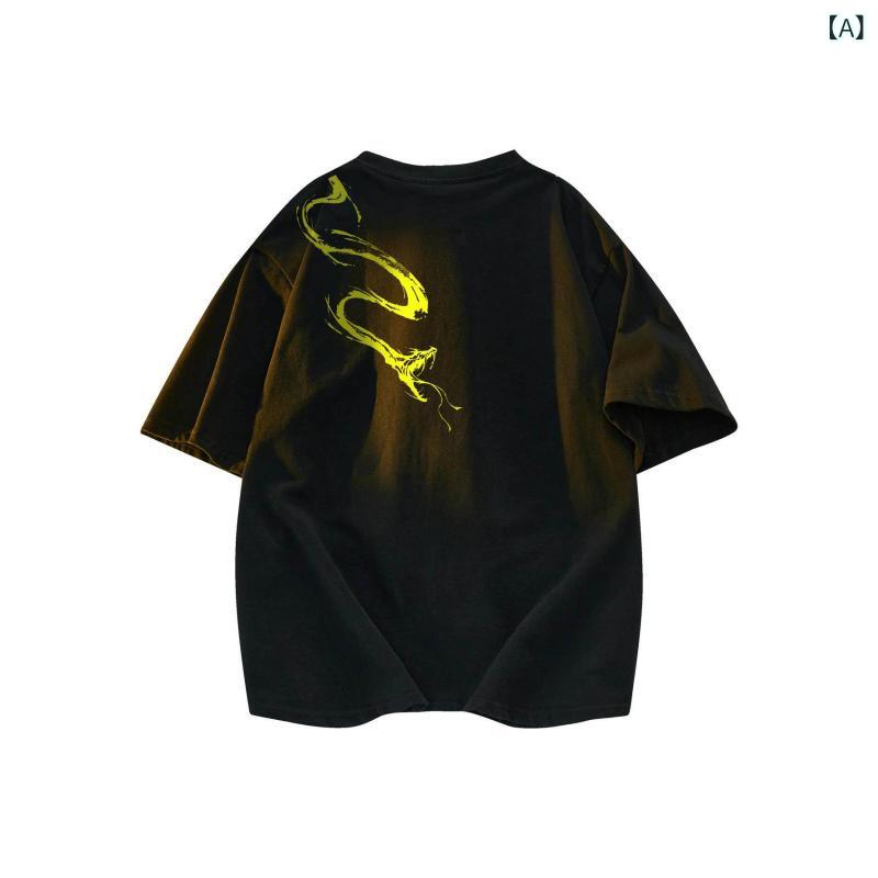 Tシャツ メンズ レディース 短袖 ユニセックス 手描き パイソン柄 プリント 肩回り アメリカン ストリート スタイル カジュアル グラフィック トップス コットン 素材 軽量 伸縮性 通勤 普段使い・スタイル: カジュアル・主な素材: ...