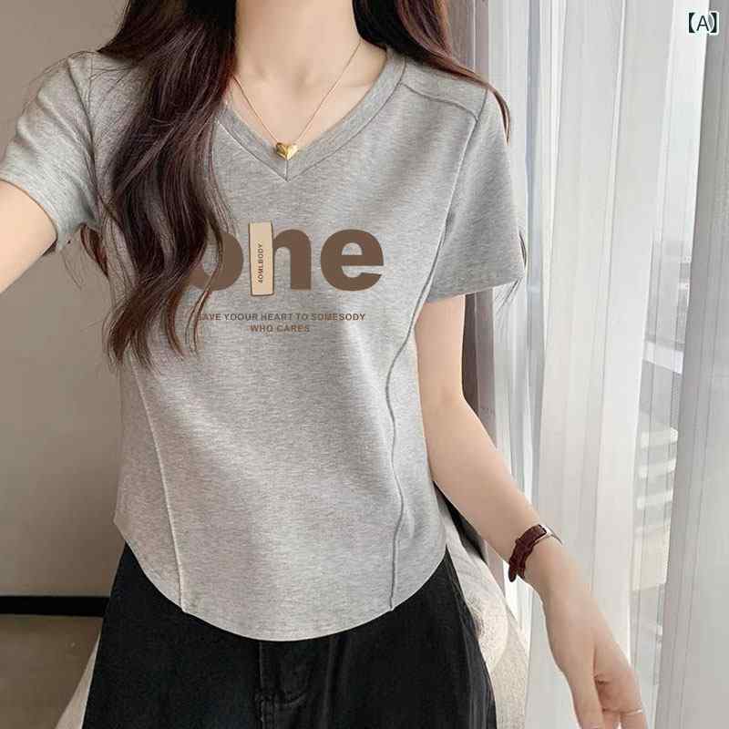 レディース Tシャツ 短袖 Vネック 綿100% 短丈 アシンメトリー裾 スリムフィット カジュアル トップス 日常使い ボディシェイプ 柔らかい肌触り・.韓版・シルエット: スリム・主な素材: 綿95%.スパンデックス5%・袖丈: 短袖・...