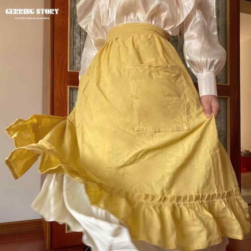 エプロン 綿100% ハーフ丈 紐付き フリル裾 かわいい 作業着 アトリエ 花屋用 軽量 伸縮性 通勤 普段使い・スタイル: 韓国・柄: 無地・種類: 半身エプロン・素材: 綿100%・用途: 家事清掃・機能: 汚れ防止・サイズ展開: フ...