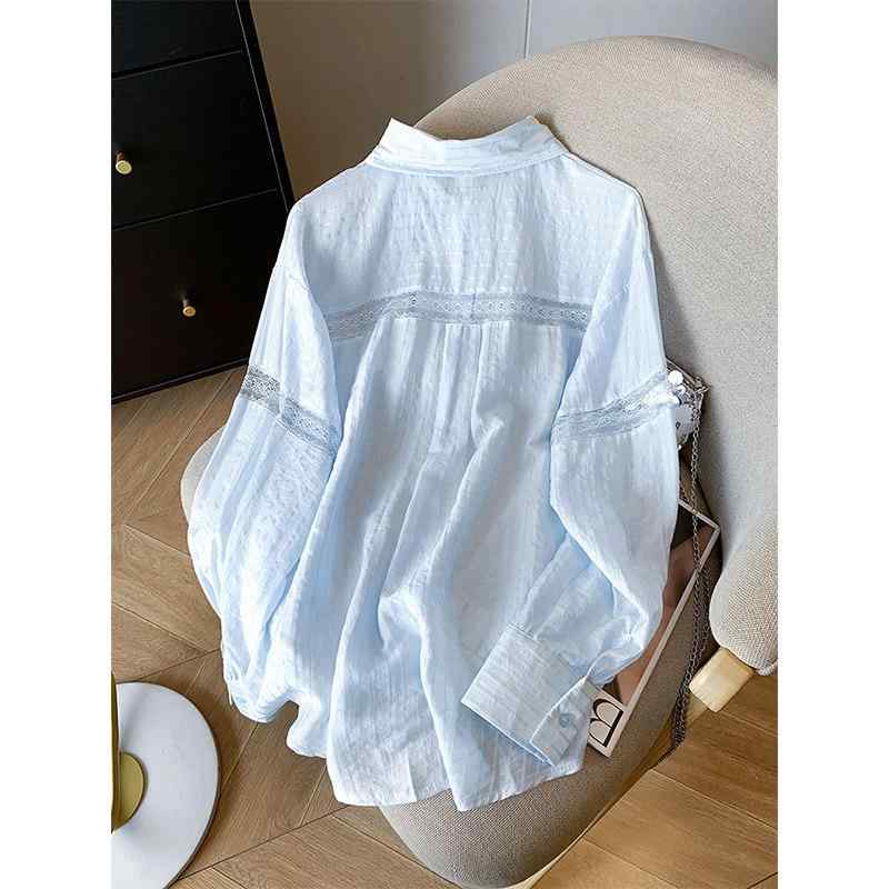 レディース 夏用 UVカット レース 透け ブラウス ゆったり 接触冷感 薄手 シャツ 軽量 フィット ブルー ホワイト トップス・韓国・シルエット: ゆったり・詳細: ボタン.ポケット.レース・袖型: 標準・対象年齢: 18-24歳・厚さ...